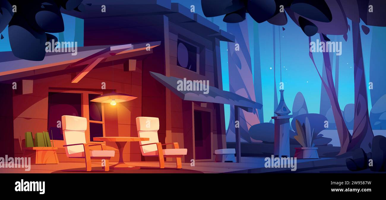 House building terrace with light at night scene illustration. Home ...