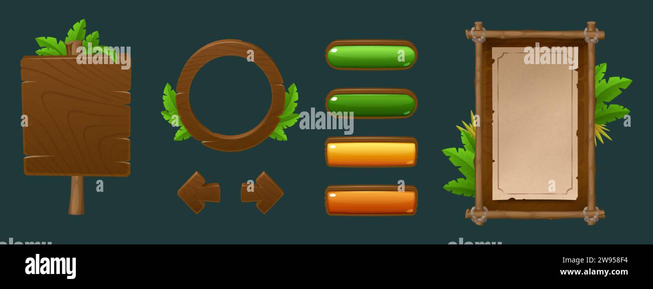 Wooden and old paper frames and boards, buttons and arrows with jungle ...