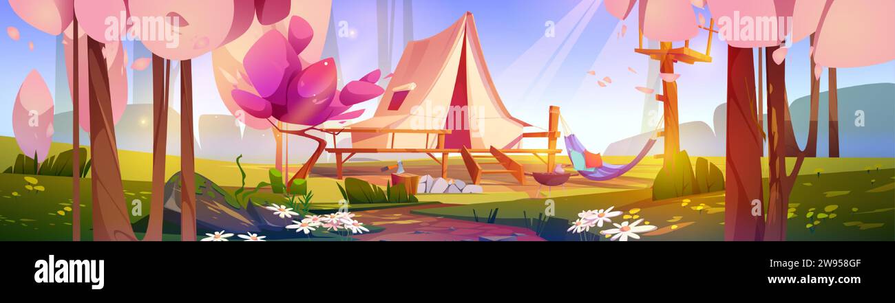 Adventure with camp tent in spring forest vector design. Outdoor ...