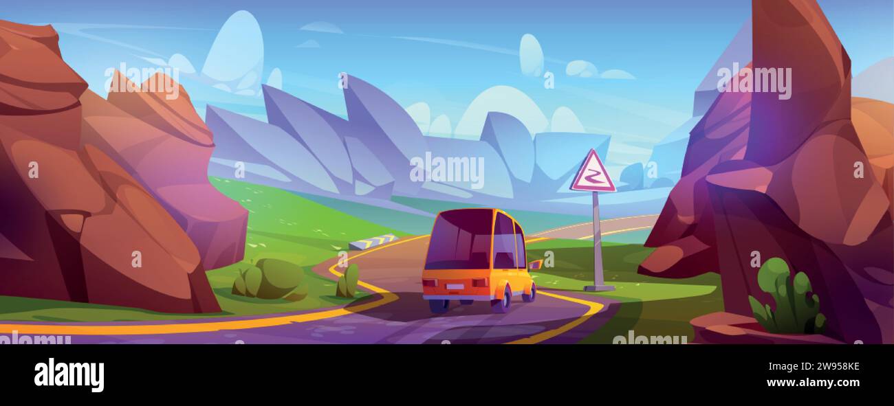 Car driving mountain road. Vector cartoon illustration of yellow auto ...