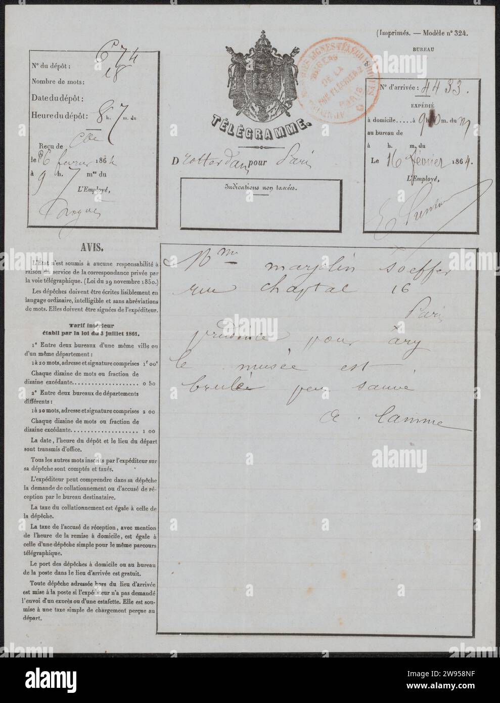 Telegram to Cornelia Marjolin-Scheffer, Ary Johannes Lamme, 1864 ...