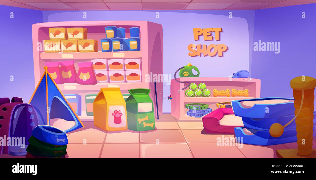 Pet shop interior cartoon vector. Dog and cat petshop in supermarket ...