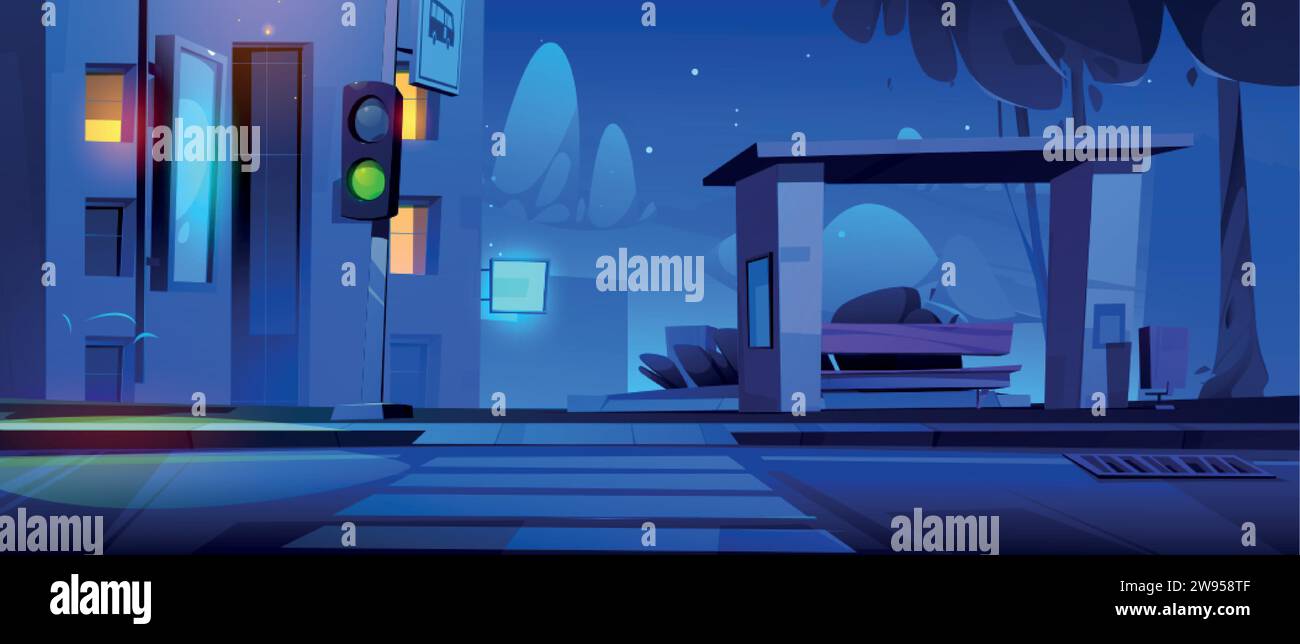 City street sidewalk at night with pedestrian walkway across road ...