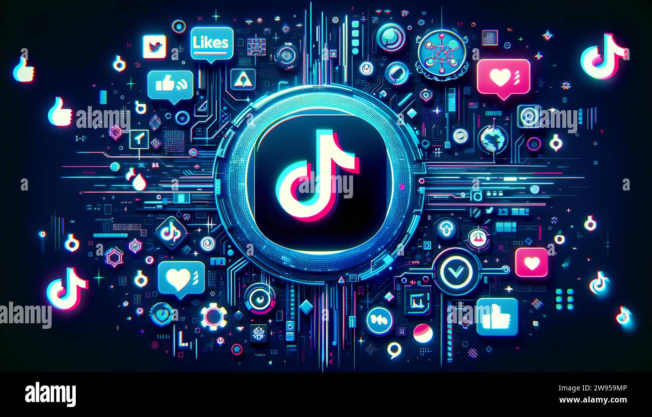 Futuristic TikTok interface bursting with vibrant digital icons and ...