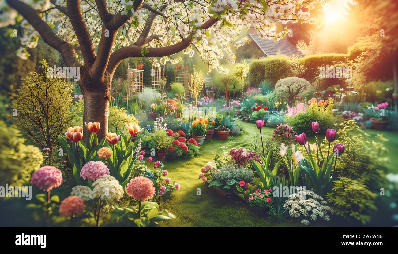 Lush garden in bloom, bathed in the warm glow of the sunrise, a ...