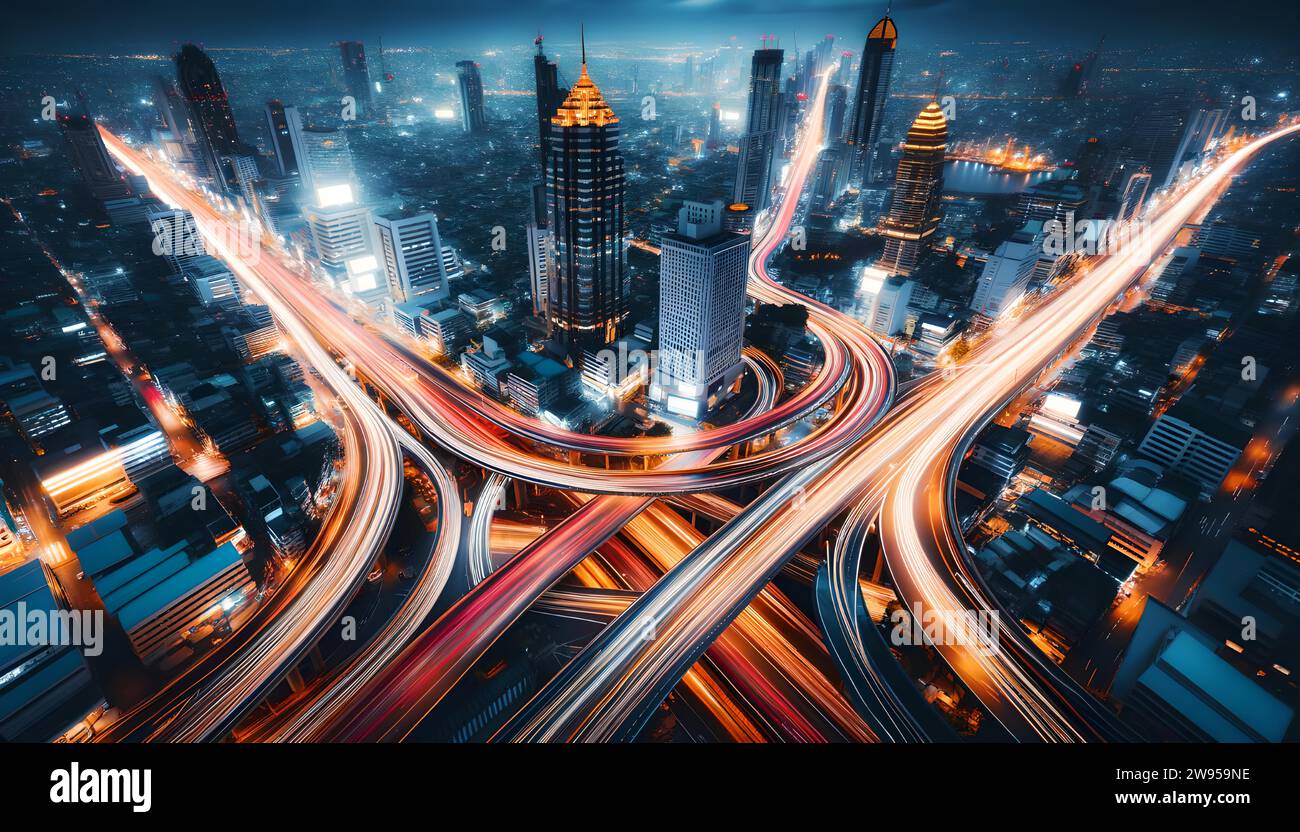 Nighttime cityscape with vibrant light trails from traffic weaving ...