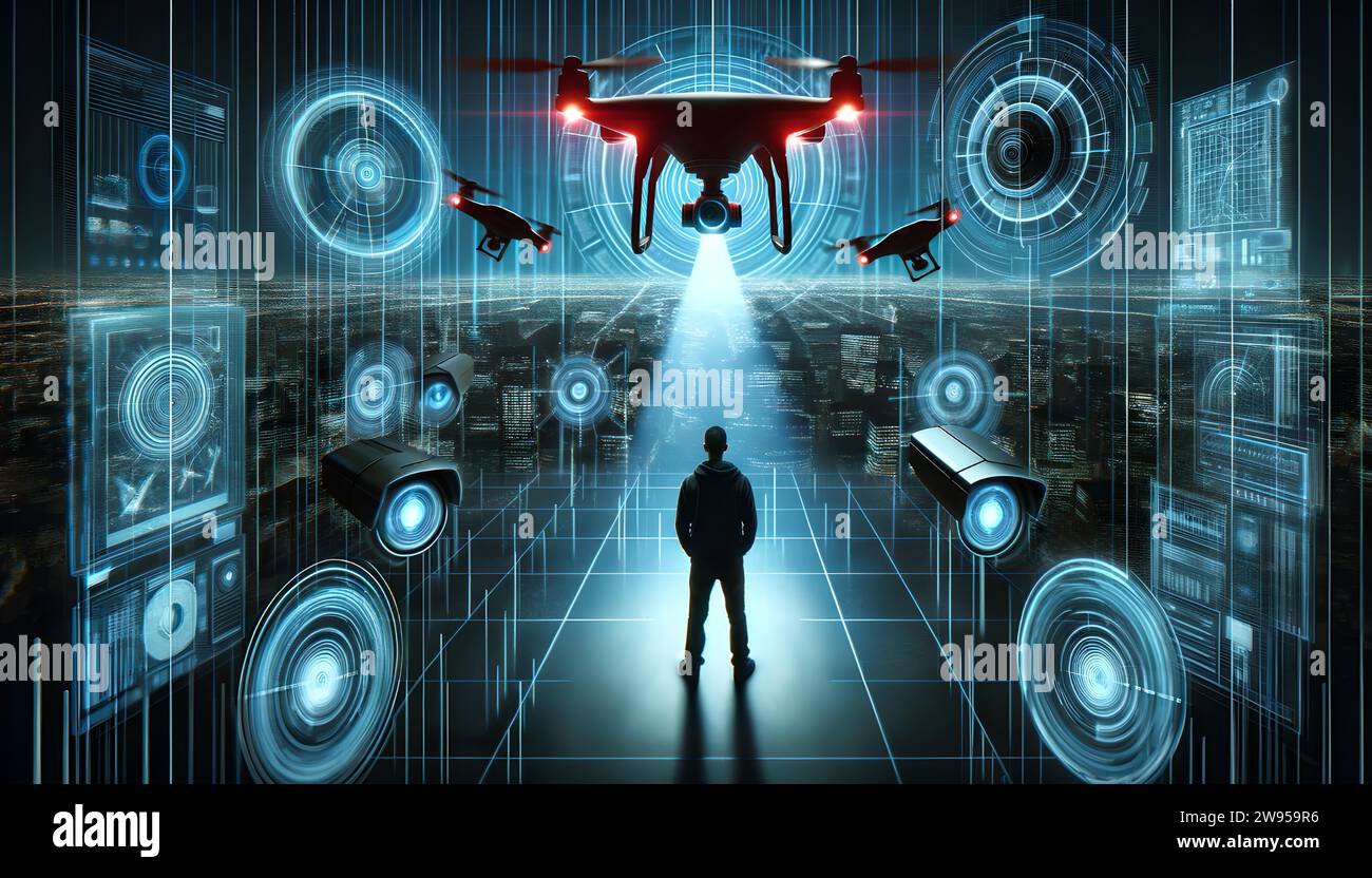 A lonely man targeted by surveillance cameras and drones, in a ...