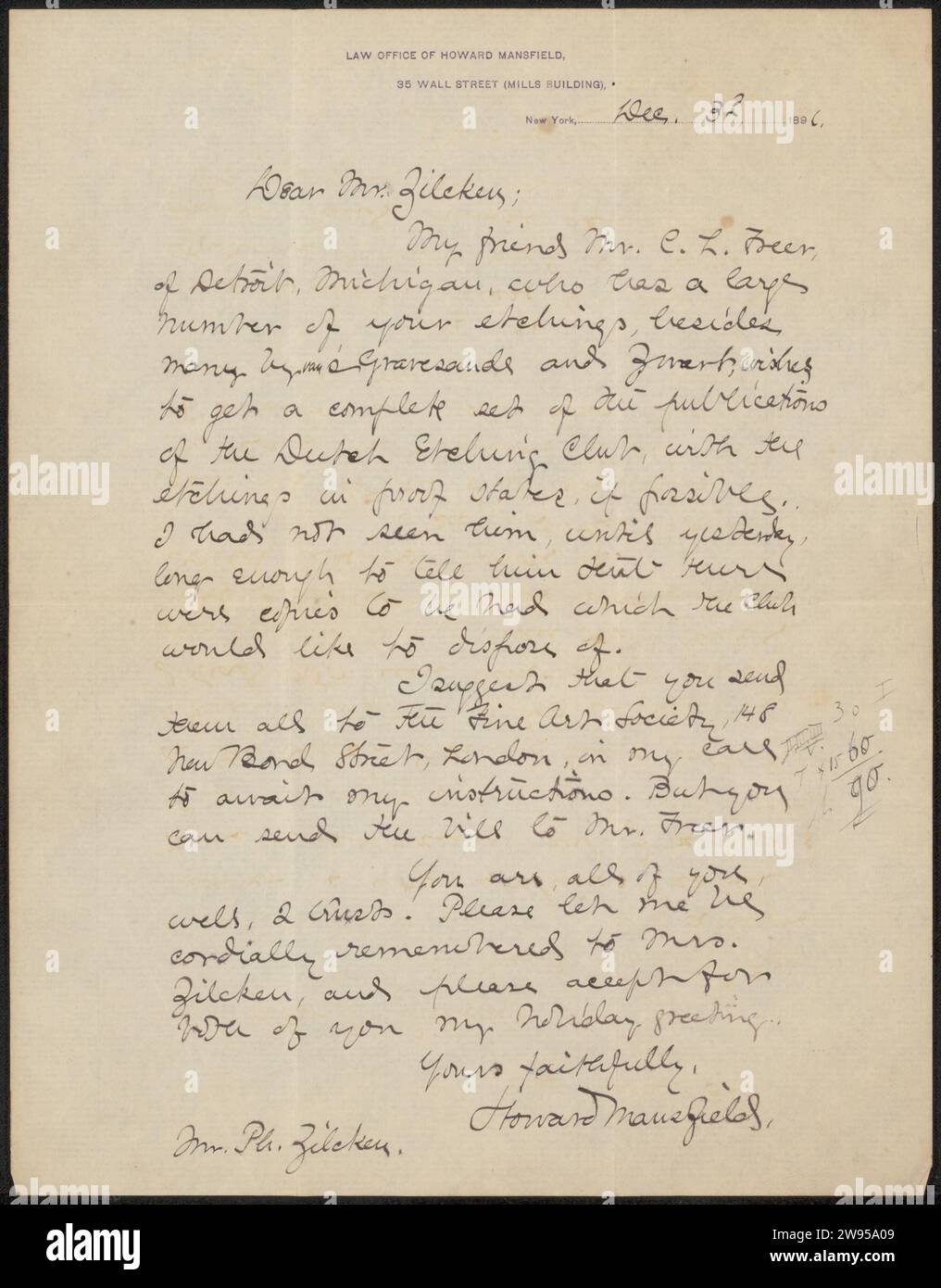 Letter to Philip Zilcken, Howard Mansfield, 1896 letter New York (city ...