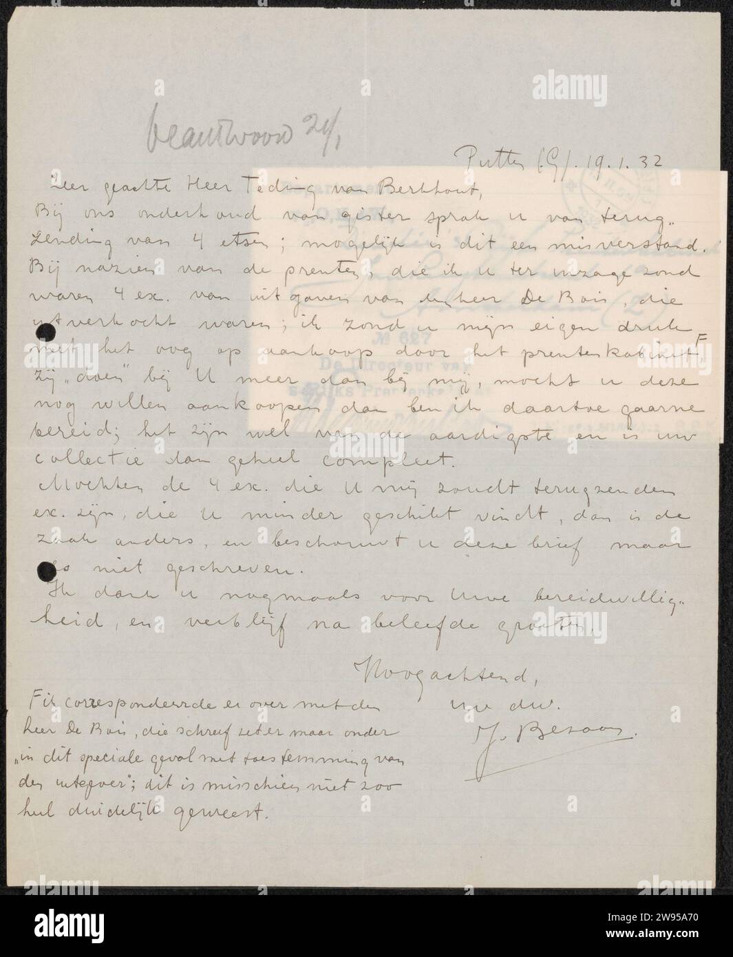 Letter to Jonkheer Hendrik Teding van Berkhout (1879-1969), Jo Bezaan ...