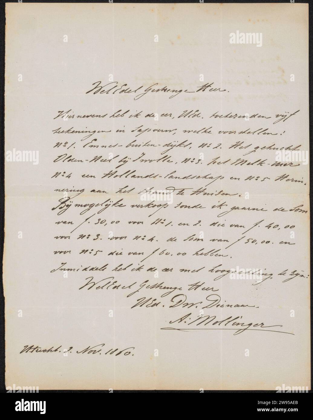 Letter to Anonymous, Alexander Mollinger, 1860 letter Utrecht paper ...