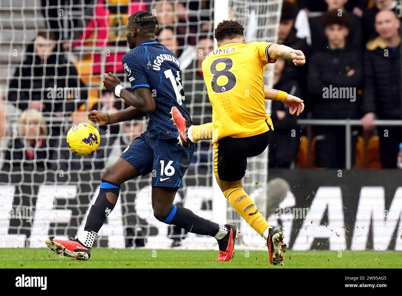 Wolverhampton Wanderers' Joao Gomes (right) attempts a shot on goal ...