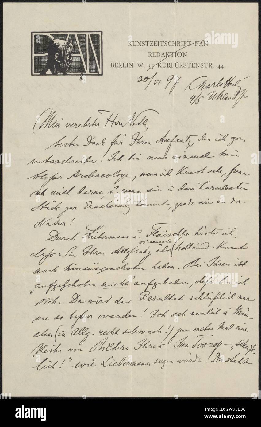 Letter to Jan Veth, Wilhelm von Bode, 1897 letter Charlottenburg paper ...
