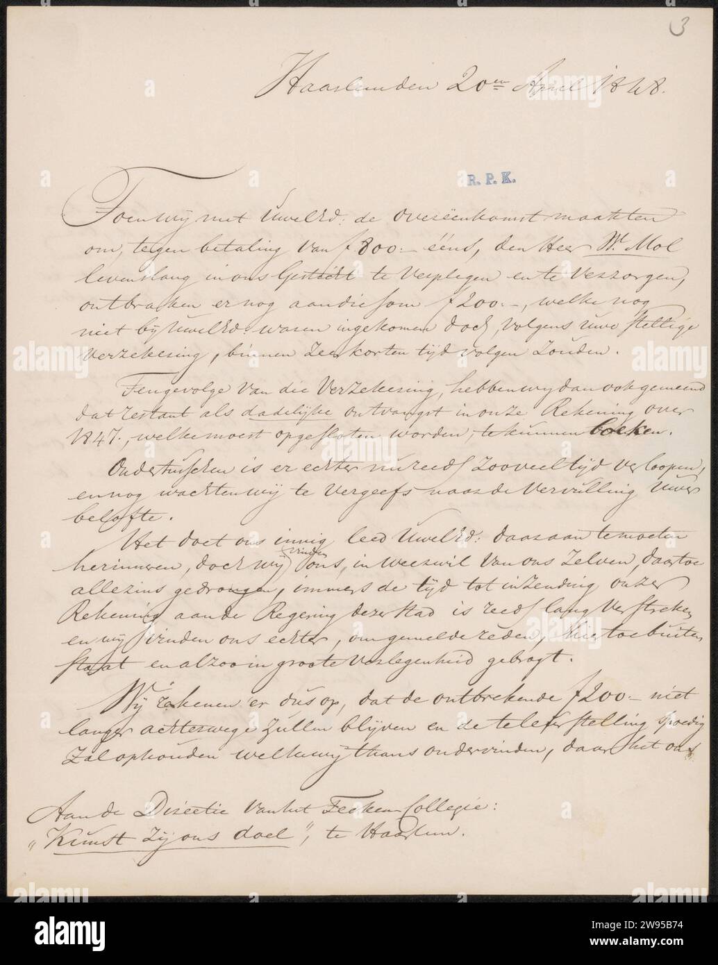 Letter to Society of Drawing, Art zy Ons Doel, Unknown, 1848 letter ...