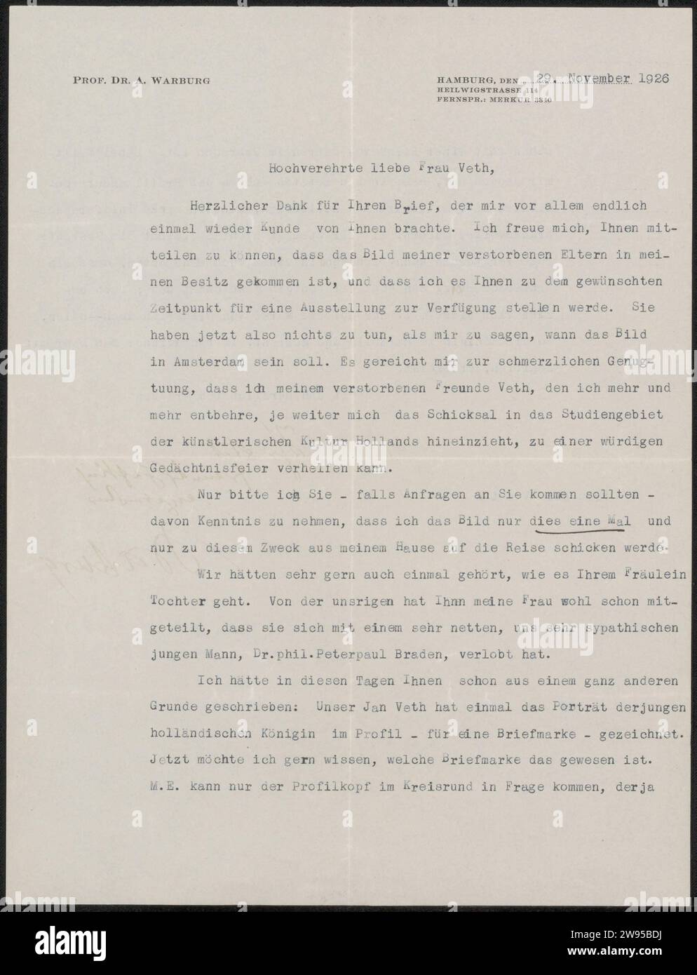 Letter to Anna Dorothea Dirks, Aby Warburg, 1926 letter Hamburg paper ...