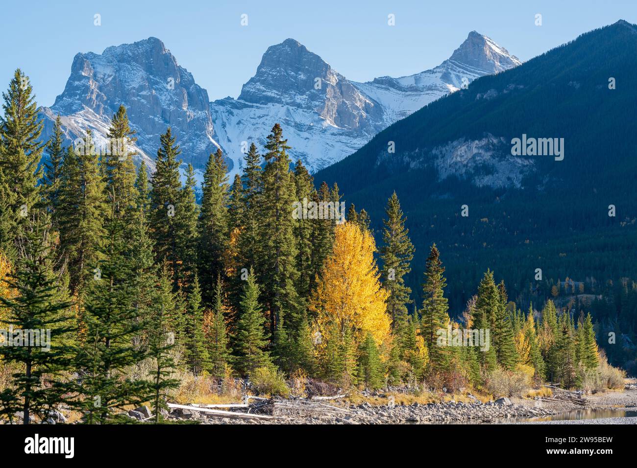 Beautiful Bow River scenery. Canmore, Alberta, Canada. The Three ...