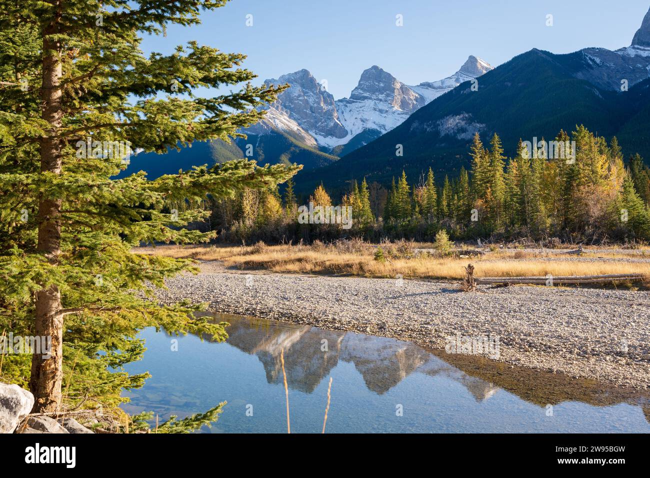 Beautiful Bow River scenery. Canmore, Alberta, Canada. The Three ...
