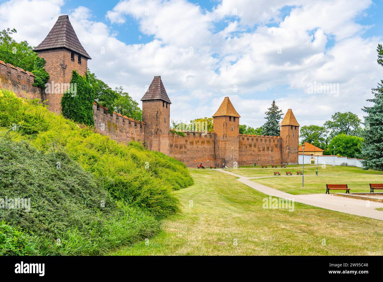 Gothic medieval fortification walls with towers in Nymburk, Czechia ...