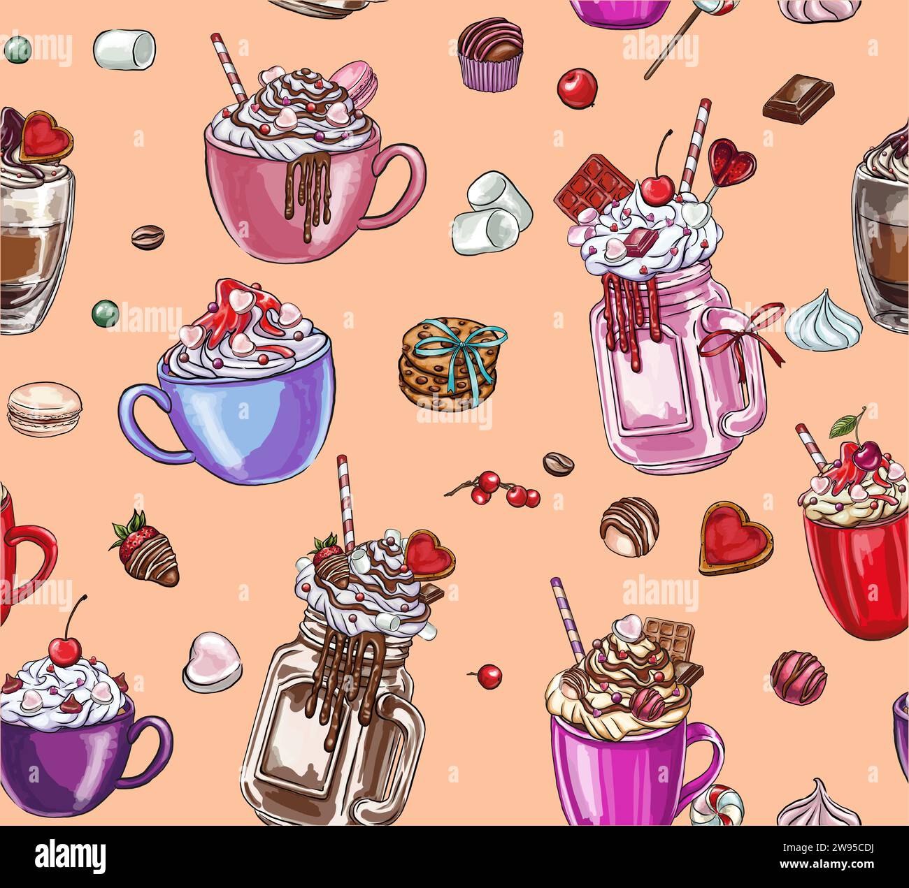 Seamless pattern of sweets desserts and coffee drinks for Valentine's ...