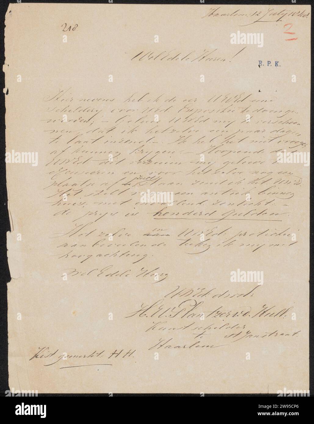 Letter to the lords of an exhibition committee, Hubert Willem Plaatzer ...