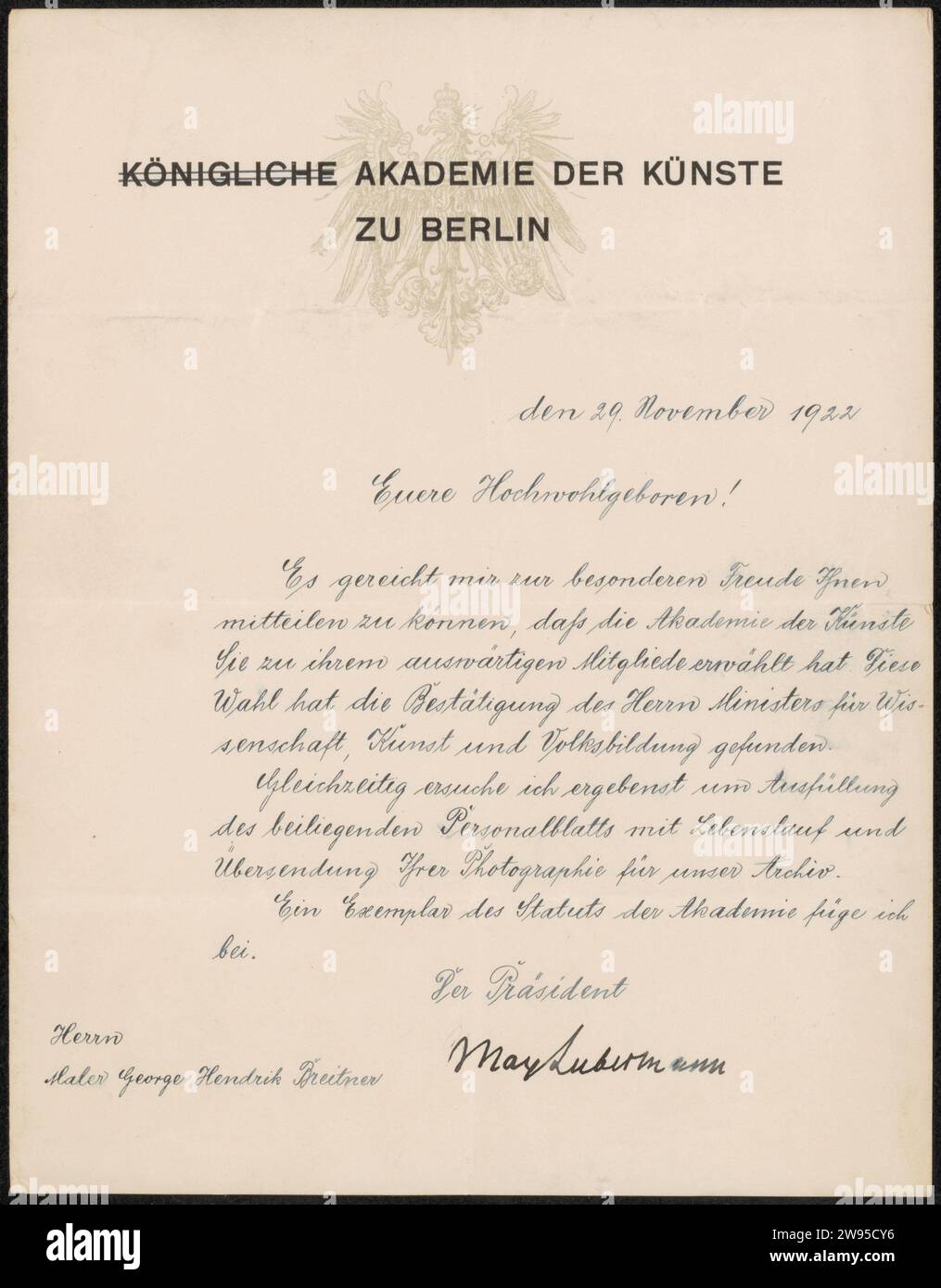 Letter to George Hendrik Breitner, Academy der Künste (Berlin), 1922 ...