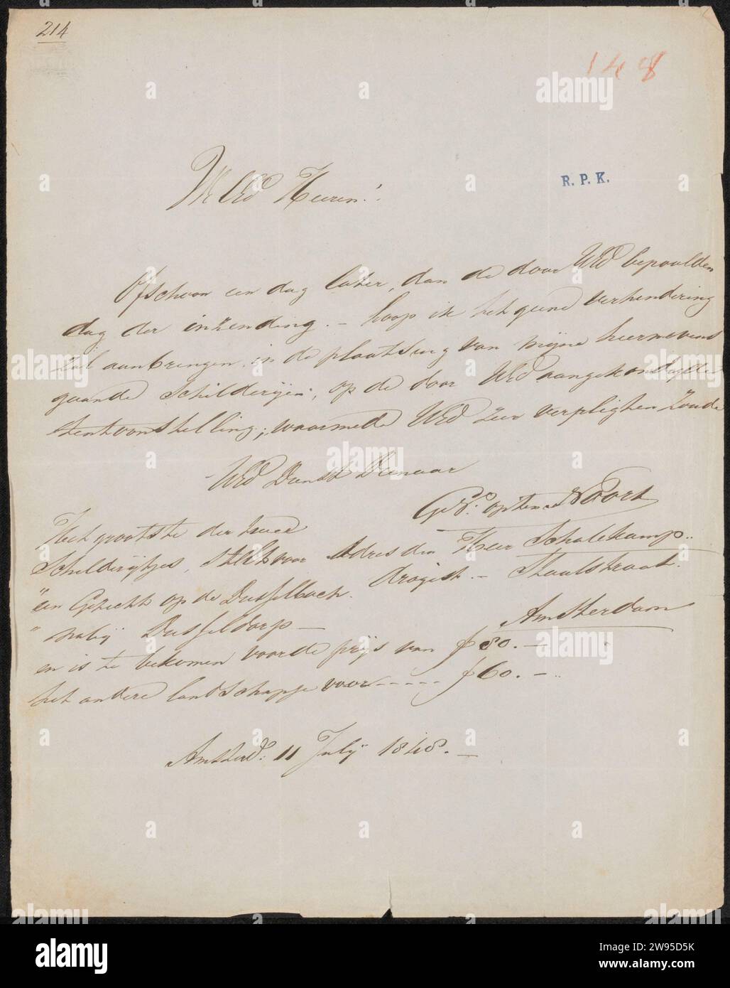 Letter to Anonymous, Gijsbert Nonus op Ten Noort, 1848 letter Amsterdam ...