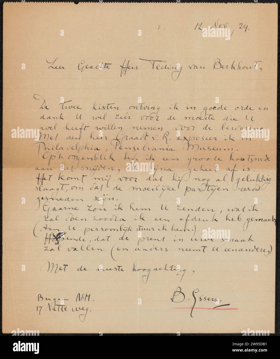 Letter to Jonkheer Hendrik Teding van Berkhout (1879-1969), Bernard ...