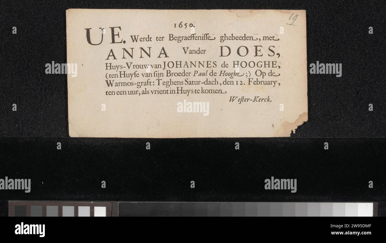 Invitation to the funeral of Anna van der Does, Anonymous, in or after ...
