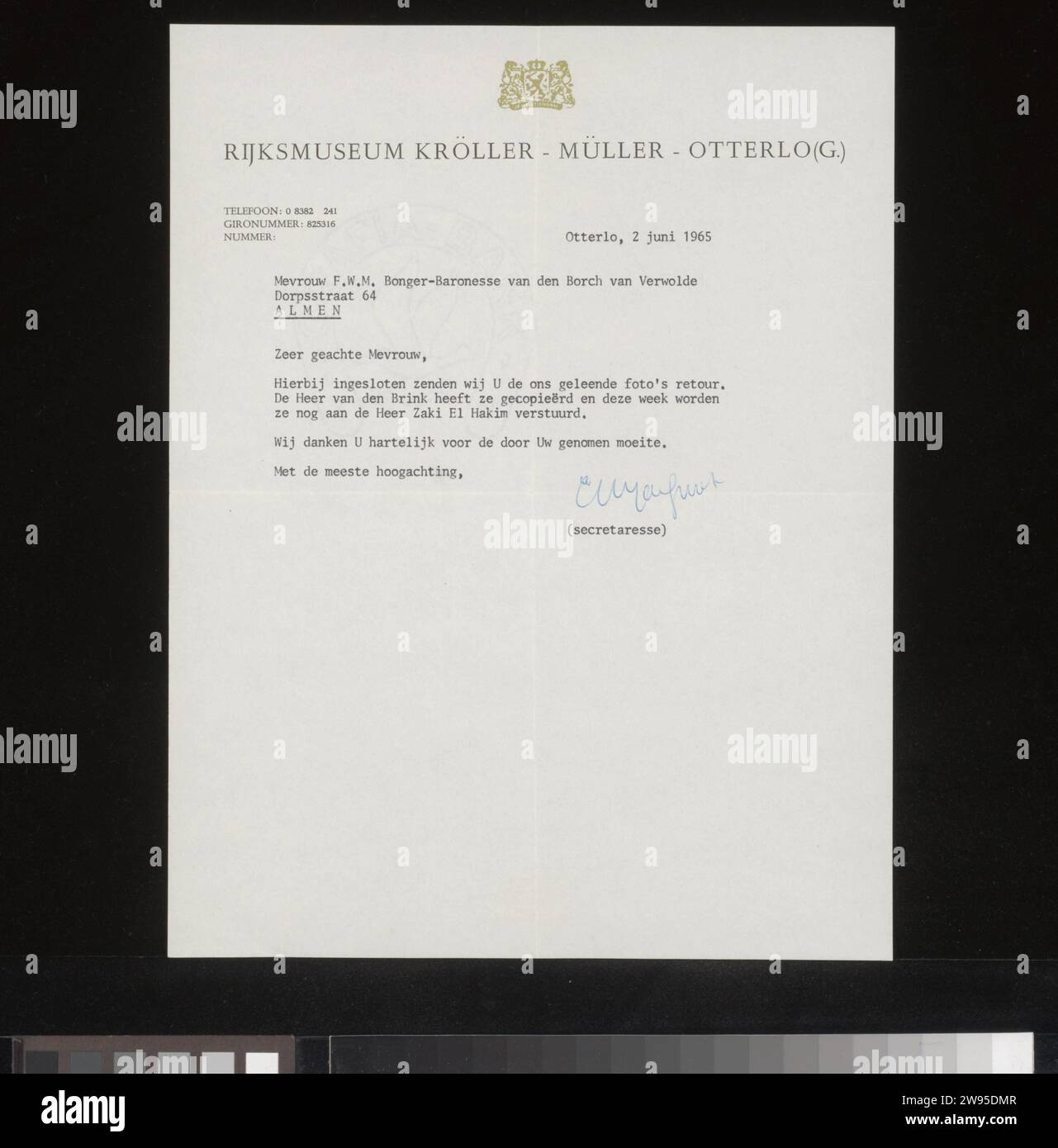 Letter to Françoise W.M. Bonger, Kröller-Müller Museum, 1965 letter ...
