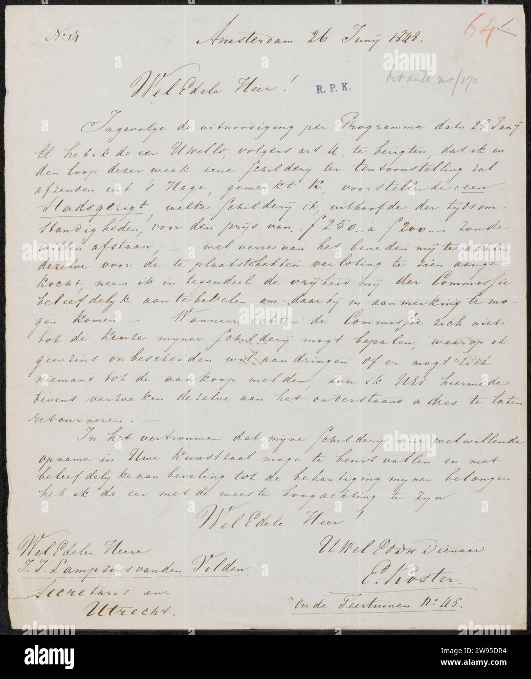 Letter to Jan Jacob Lampsins van den Velden, Everhardus Koster, 1848 ...
