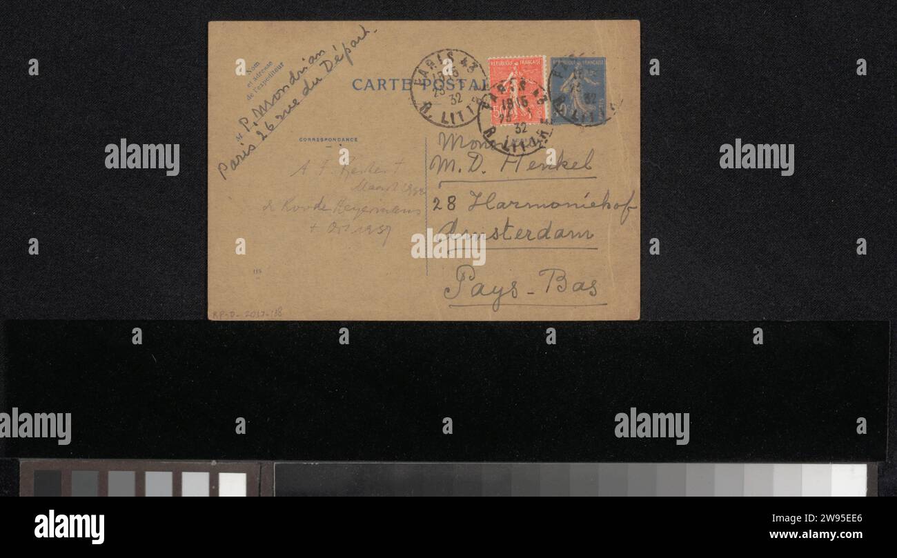 Postcard to Max Dittmar Henkel, Piet Mondriaan, 1932 Paris cardboard ...