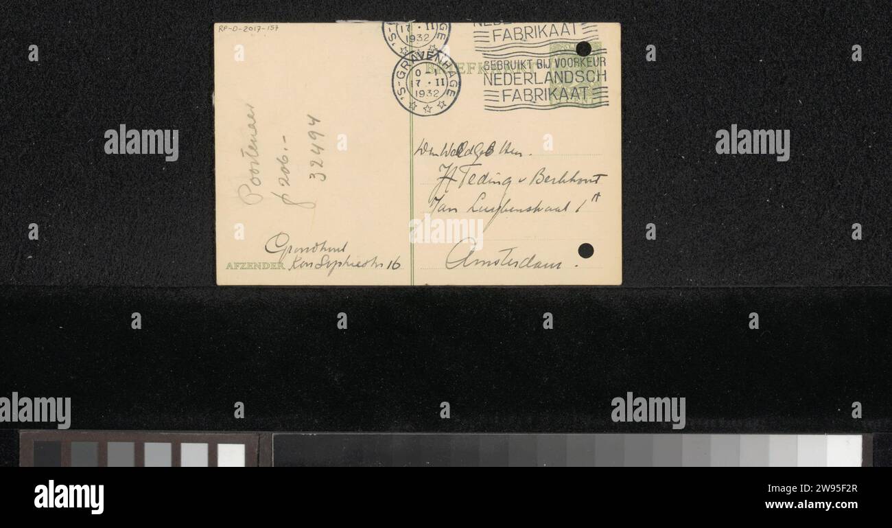 Postcard to Jonkheer Hendrik Teding van Berkhout (1879-1969), Willem ...