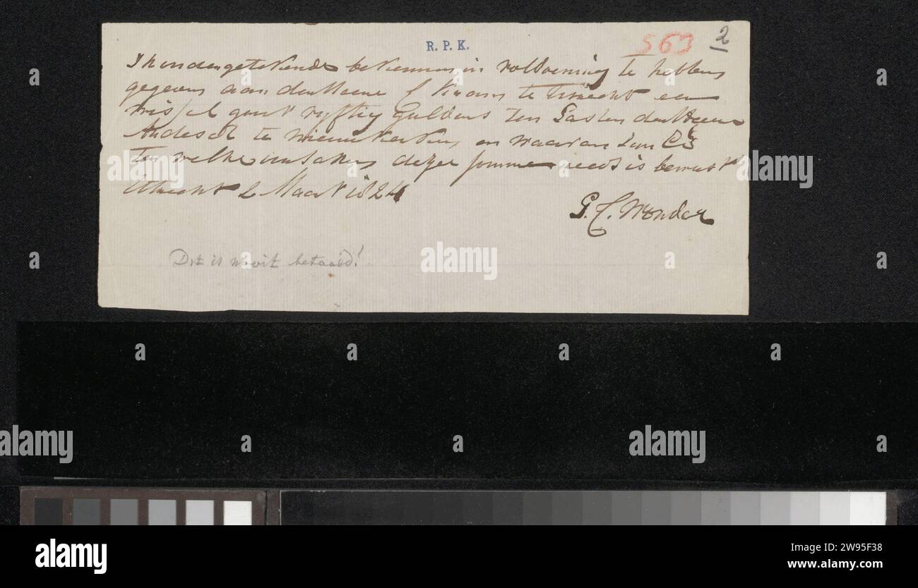 Receipt for Christiaan Kramm, Pieter Christoffel Wonder, 1824 Utrecht ...