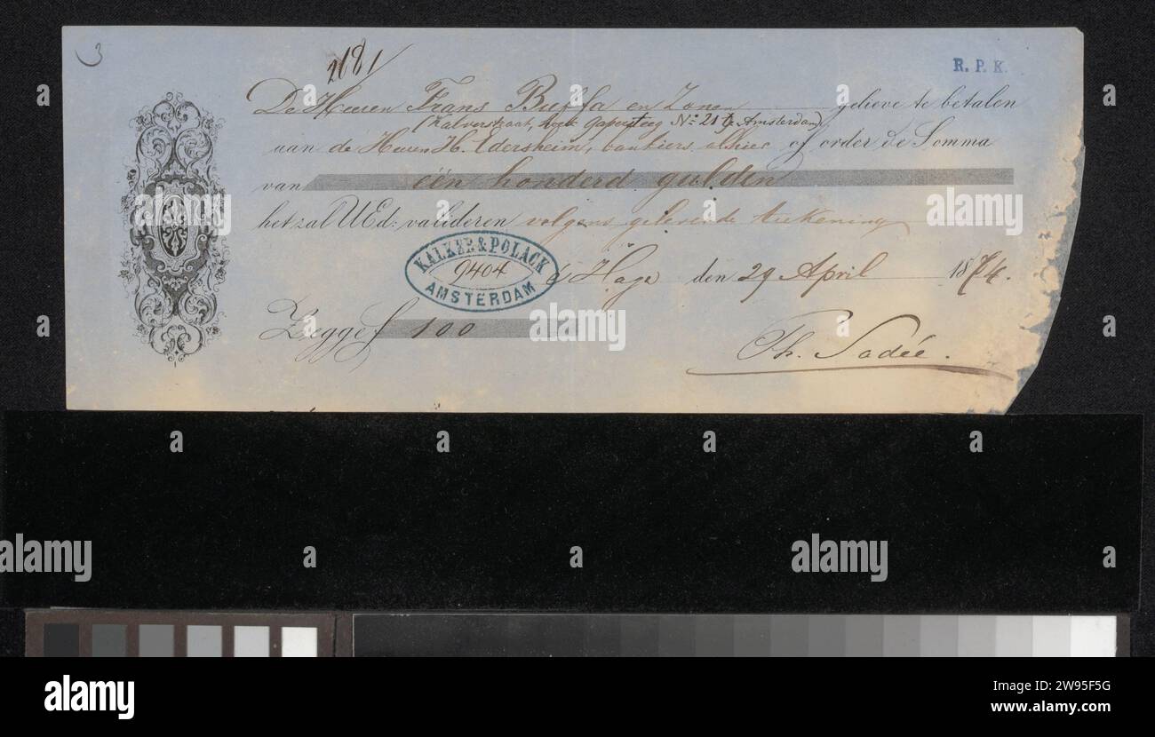Receipt for French Buffa and Sons, Philip Sadée, 1874 The Hague paper ...