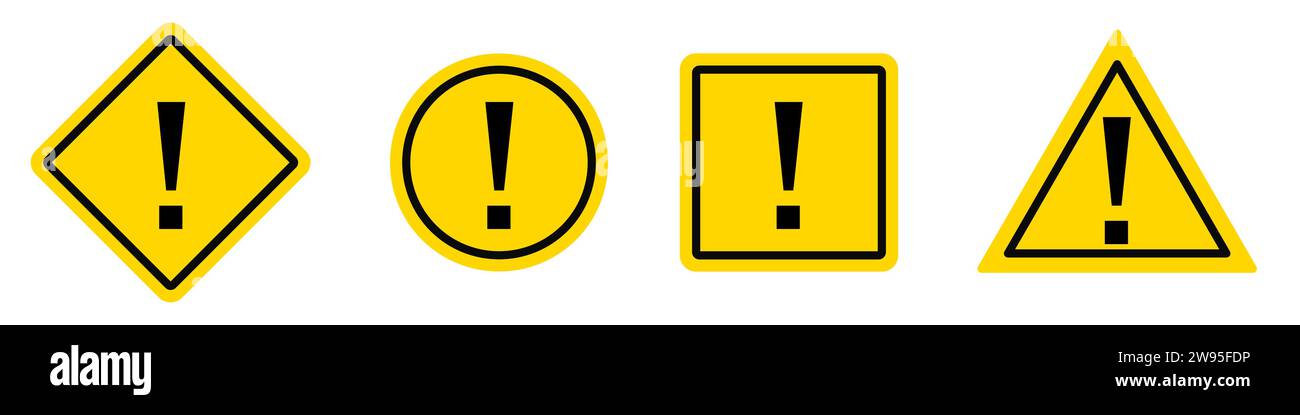 Exclamation mark in yellow square, circle, triangle and rhombus with shadow. Set of caution ...