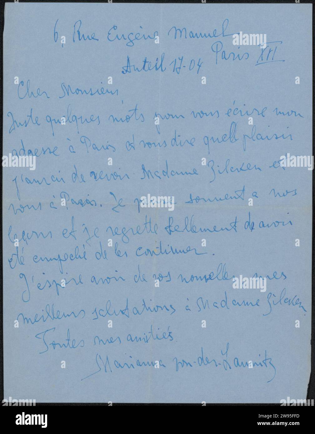 Letter Aan Philip Zilcken, Marianne von der Launitz, 1928 letter Alley ...