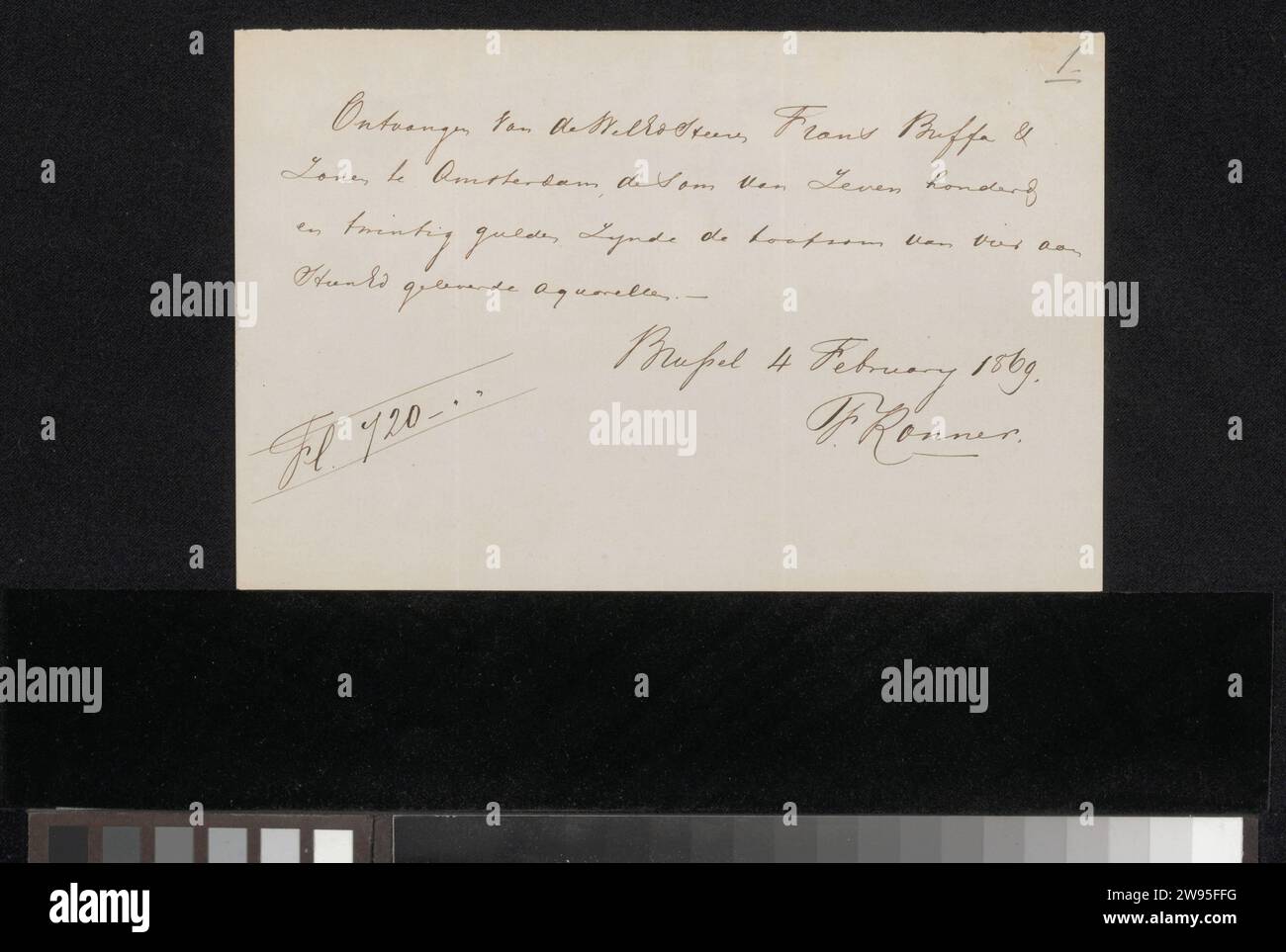 Kwitantie aan Feisch Ronner, Feico Ronner, 1869 Brussels paper. ink ...