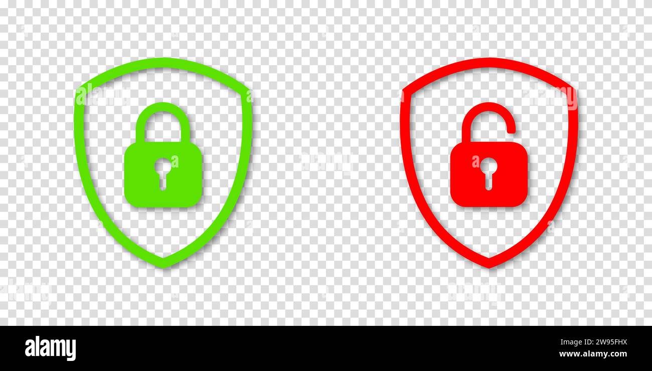 Green lock and red unlock padlock with shiled icons. Vector clipart ...