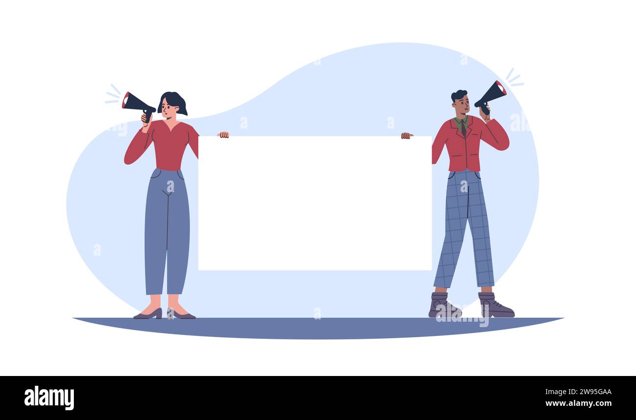 Business people with megaphones and white banner in hands. Promotion ...