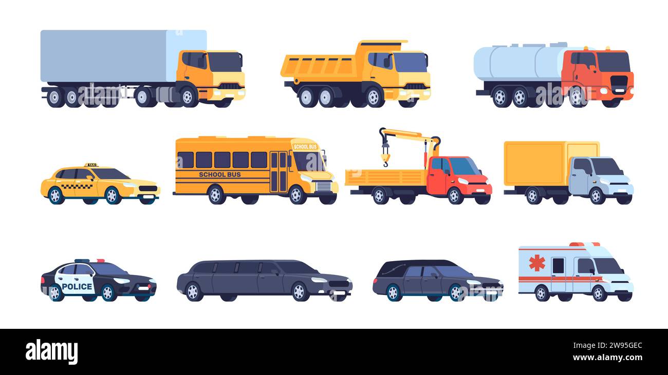 Cars and trucks. Public transportation. Industrial machine with crane ...