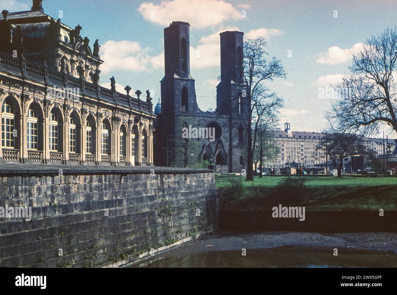 Long gallery of the Zwinger with moat, view of the ruins of the Gothic ...