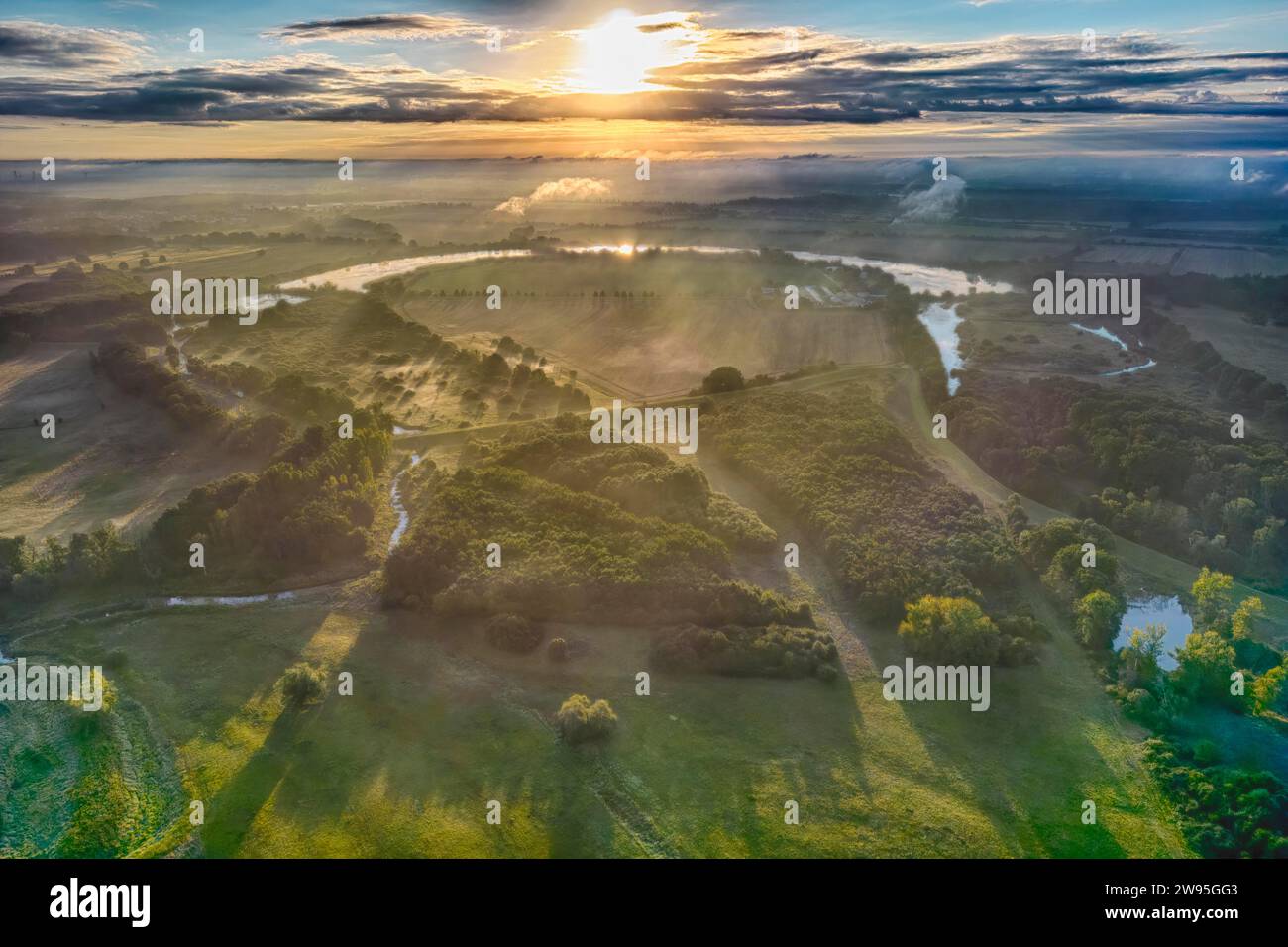 Aerial view, lake landscape, reed bed, foggy mood, sunrise, biotope ...