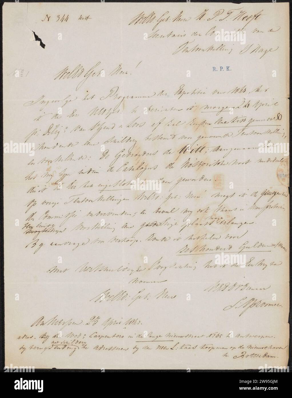 Letter to Jonkheer H.P.F. Hooft, Simon Opzoomer, 1843 letter Antwerp ...