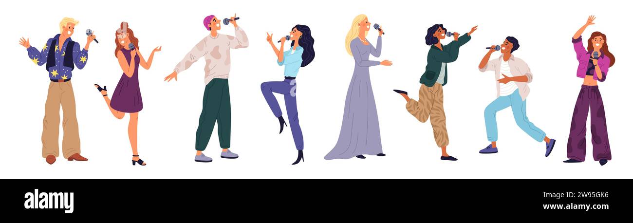 Cartoon people karaoke. Happy singer characters with microphones ...