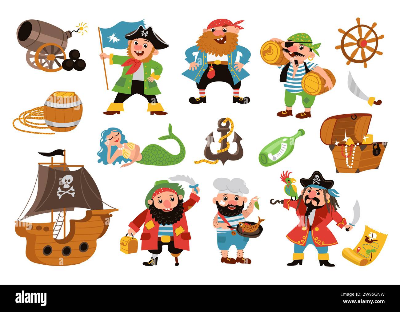 Cartoon pirates elements. Funny sea robbers. Sail ship with cannon and ...