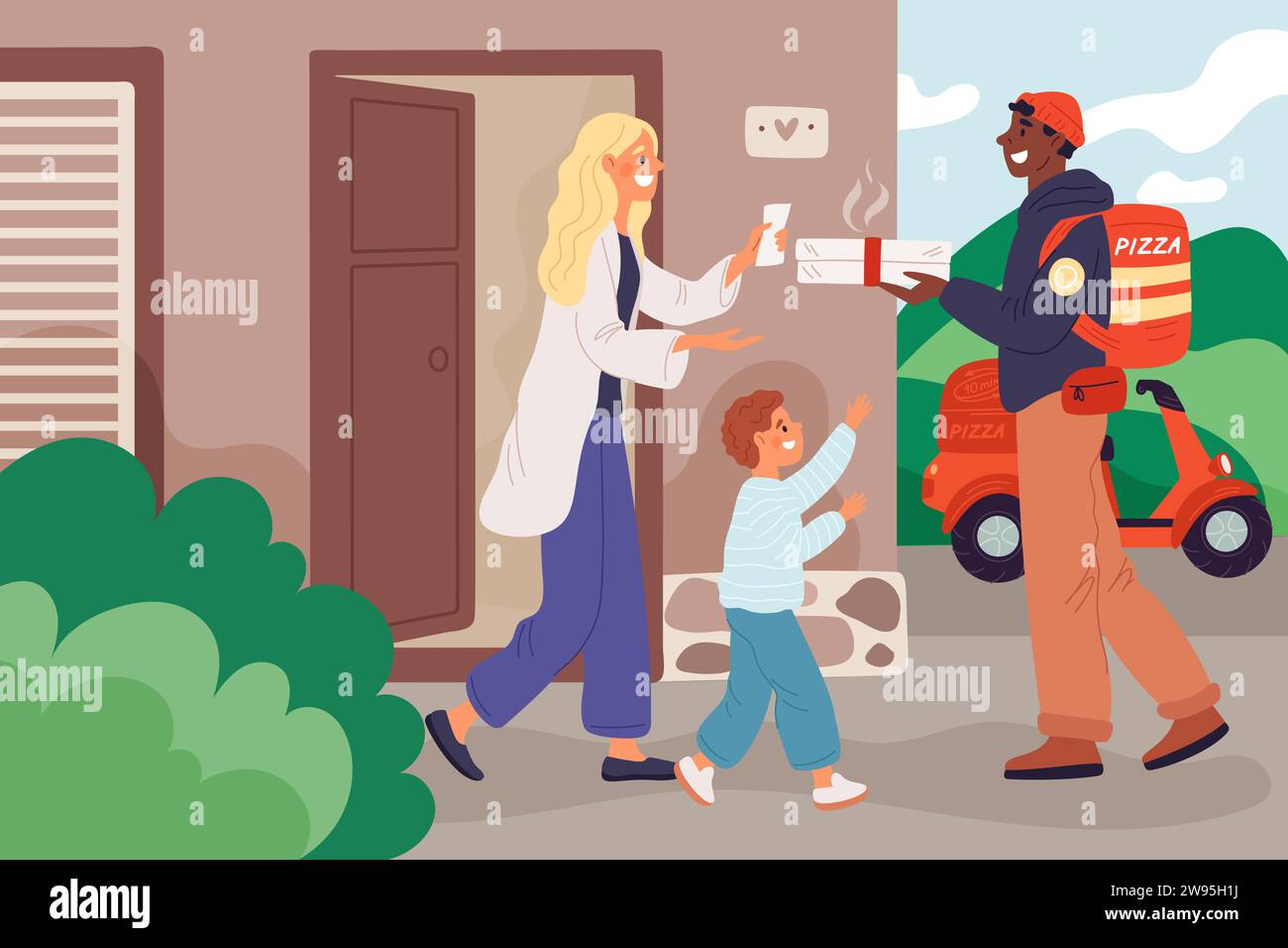 Food delivery service. Courier with groceries at house door. Guy gives ...