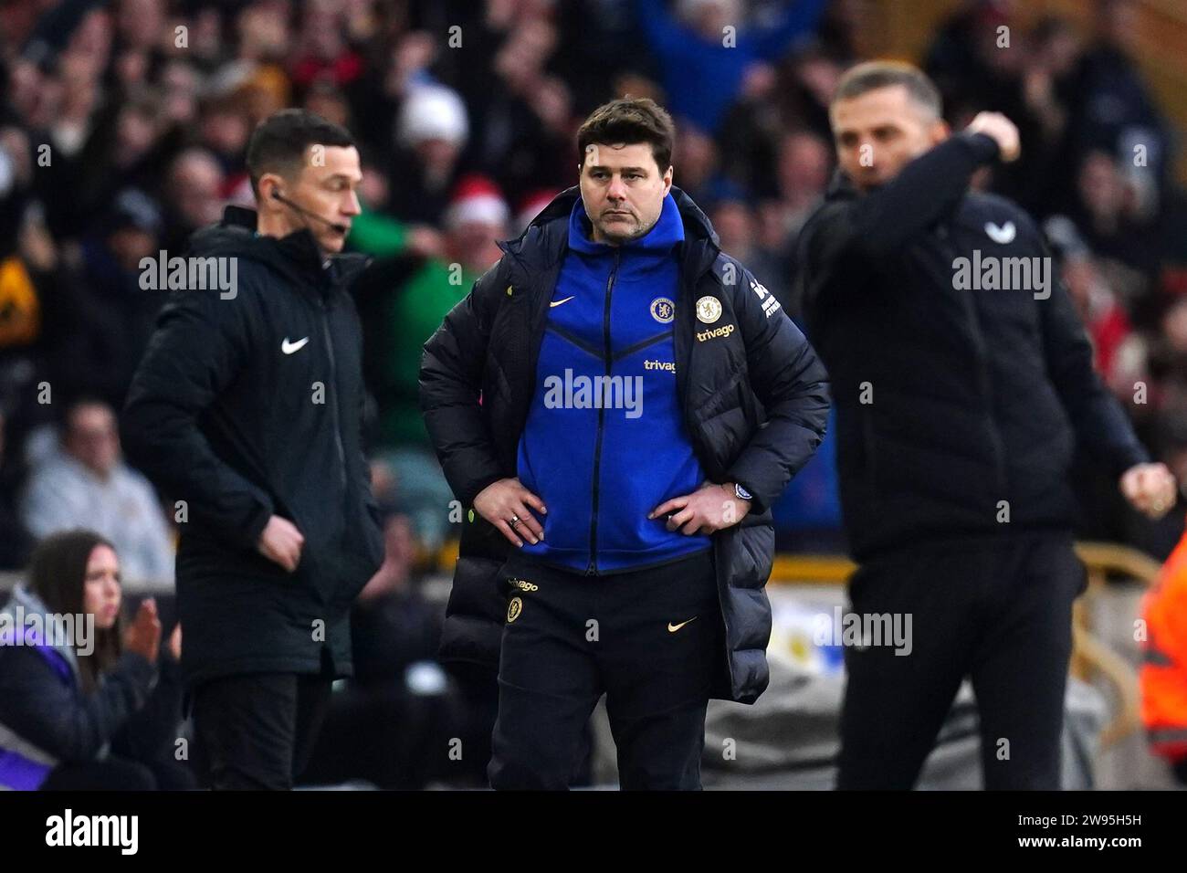 Chelsea manager Mauricio Pochettino (centre) looks frustrated as ...