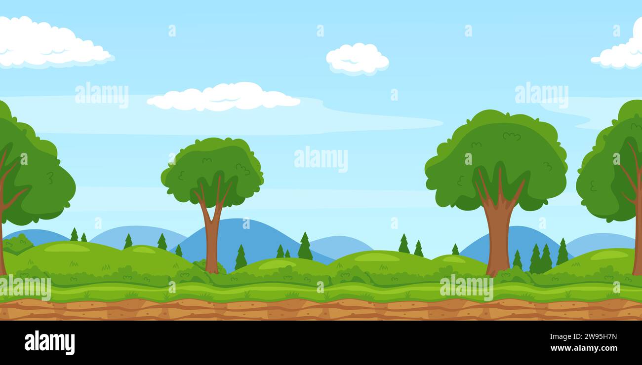 Parallax effect landscape. Cartoon forest. Mountain skyline. Unending ...