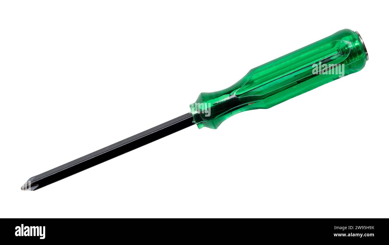 Black screwdriver with green handle is isolated on white background ...