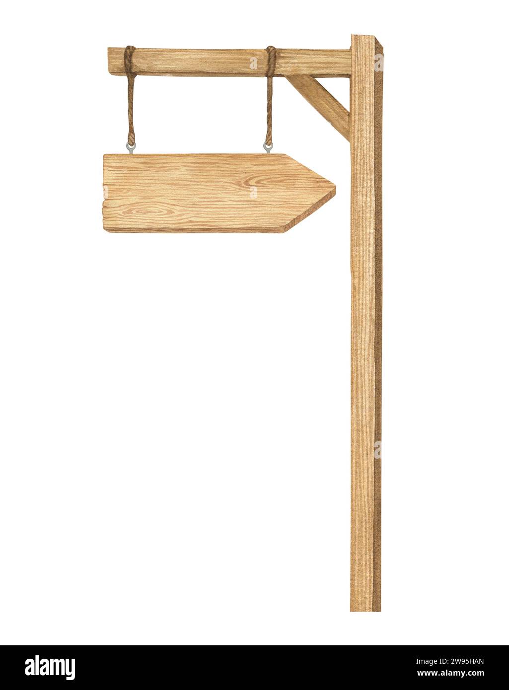 Watercolor illustration of wood sign holder, wooden plank or pointer ...