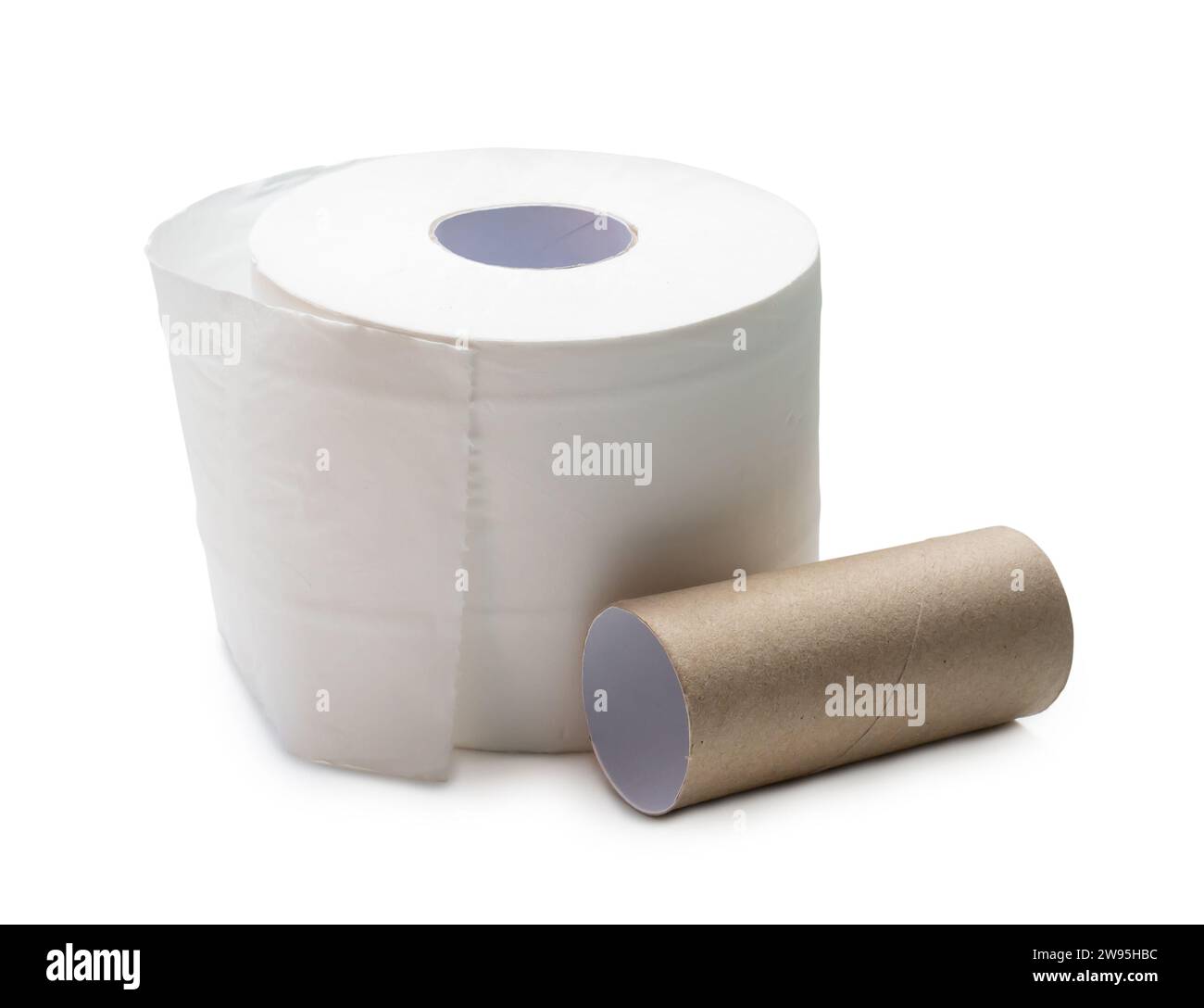 Single roll of white tissue paper or napkin with core prepared for use ...